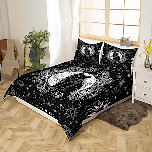 Mysterious Cat Bedding Set Twin Size 2 Pcs,Boho Exotic Tribal Abstract Art Duvet Cover for Kids Teens Bed Comforter Cover Set,Full Moon Galaxy Starry Duvet Cover Set for Home Decoration(No Filler)