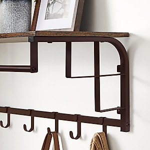 VASAGLE Wall-Mounted Coat Rack, Wall Hook Rack with Hanging Rod, Storage Shelf, Laundry Room Shelf with Hooks, for Entryway, Bathroom, Rustic Brown and Bronze ULCR105A01