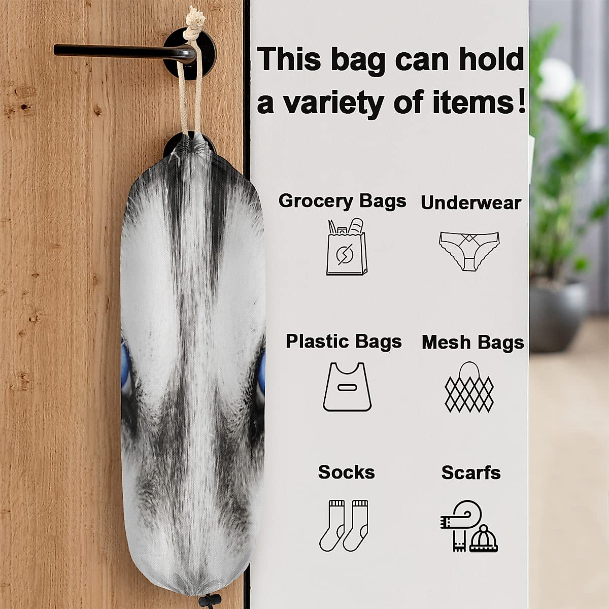 Dog Huskie Eye Plastic Bag Holder Cute Wall Mount Plastic Bag Organizer Reusable Large Grocery Bag Storage Dispenser for Home Kitchen Travelling 22"x9"