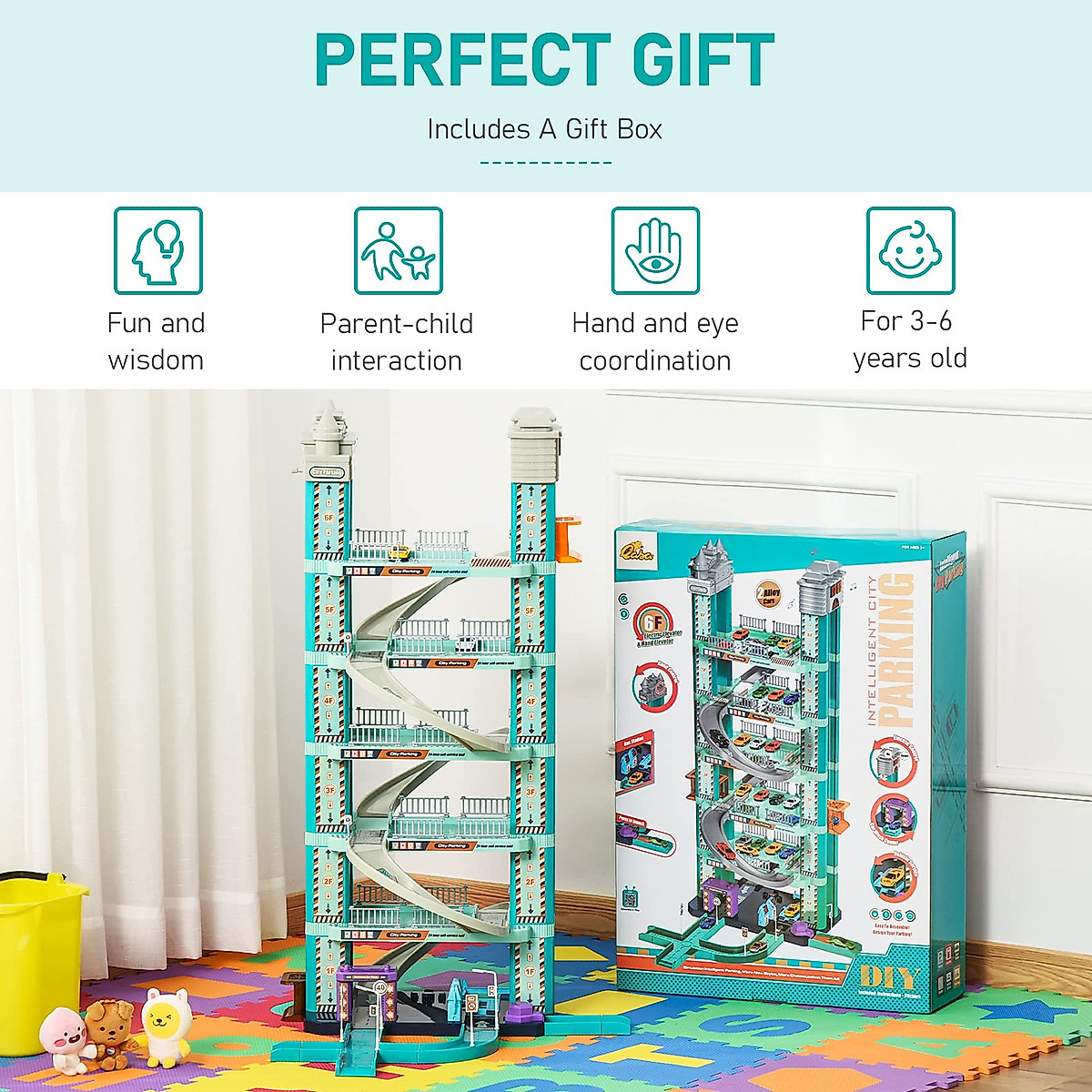 Qaba City Garage Playset with 98 Pieces Accessories Set, 6-Level Car Parking Playsets Toy with Manual and Electric Elevators Wash, Gas, Ejector & Car Repair Station, Gifts for Kids Ages 3-6 Years Old