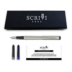 SCRIVI PENS Fountain Pen Set [Extra Fine Nib], Classic Collection; Gift Case; 2 Ink Cartridges, Ink Refill Converter, Calligraphy, Smooth Writing Pens [Silver Chrome Trim], Perfect for Men and Women