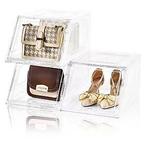 INSTY 3 Pack Stackable Storage Bins with lids, Clear Display Case for Handbag Organizer, Purse Organizer for Closet,Hat Storage Boxes,Storage Containers for Craft, Home, Pantry, Office, Dorm