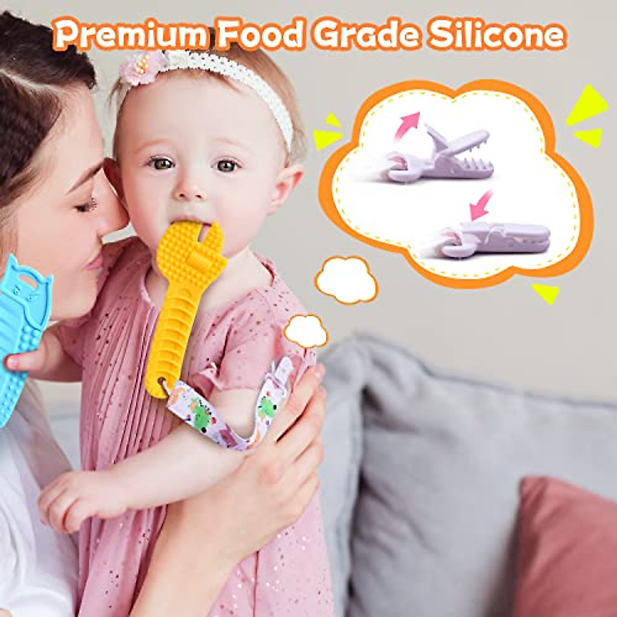 Mgtfbg Baby Teething Toys for 0-6 Months 6-12 Months - Molar Teether Chew Toys Set BPA Free Silicone, Soft Textures - Hammer Wrench Scissors Shape Baby Teething Toys Gift 5-Pack