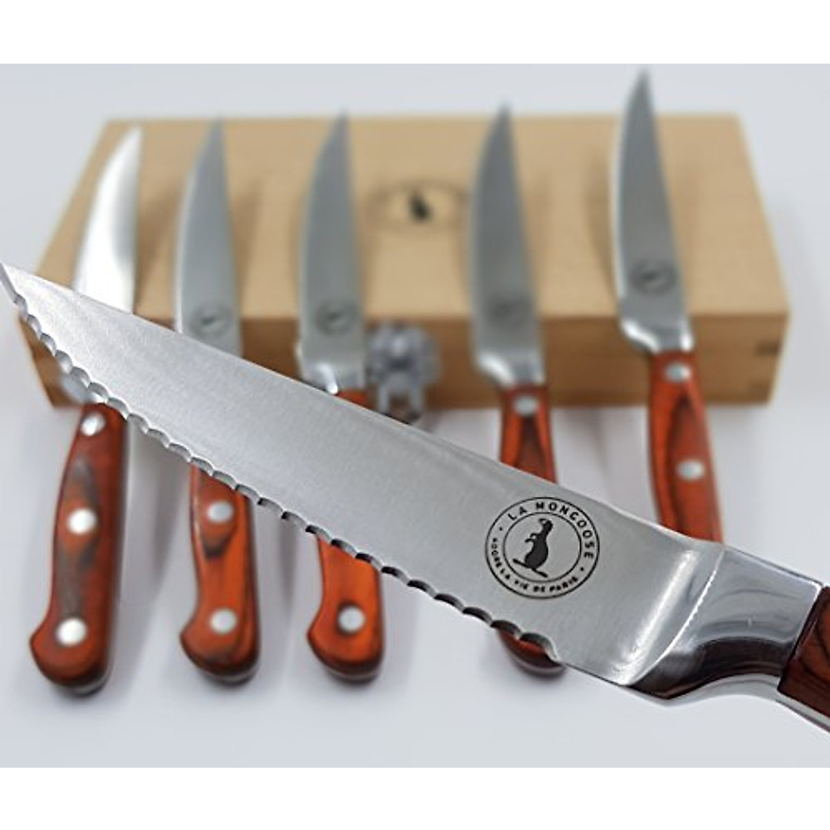 Steak Knife Set in Gift Box 6 Full Tang High Carbon Stainless Steel Micro Serrated Knives Classic Dark Brown Ergonomic Pakkawood Handles Luxury Beech Wood Case Premium Deluxe Birthday Gift Idea