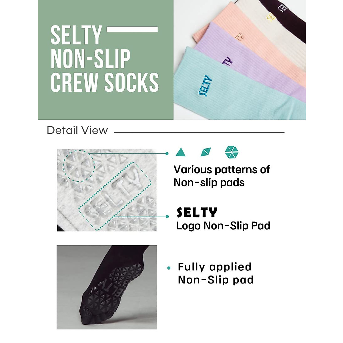 SELTY Non Slip Crew Toe Socks for Women - Pilates, Yoga, Barre Socks with Grips (Black)