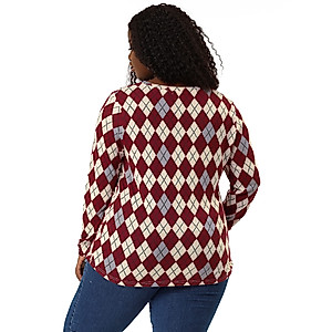 Agnes Orinda Plus Size Knit Tops for Women Argyle Plaid V Neck Long Sleeve Pullover Homecoming T Shirt 4X Red