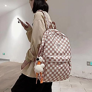 Cute Aesthetic Backpack Checkered Kawaii Backpack with Cute Pendant Checkerboard Casual Daypack College Laptop Bookbag (One Size,Pink)