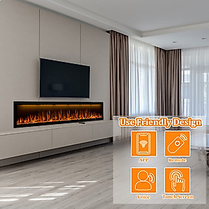 Benrocks 60'' Smart Electric Fireplace Inserts, Recessed & Wall Mounted Fireplace, 13 * 13 * 3 Color Combinations, App Control Fireplace Heater, Timer, Logs & Crystals 750/1500W Black