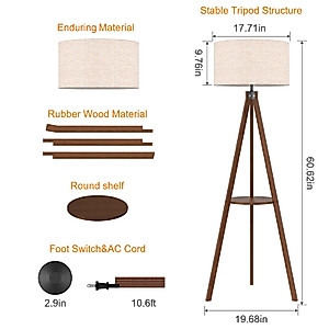 LEPOWER Tripod Floor Lamp, Mid Century Wood Standing Lamp, Modern Design Shelf Floor Lamp for Living Room, Bedroom, Office, Flaxen Lamp Shade with E26 Lamp Base