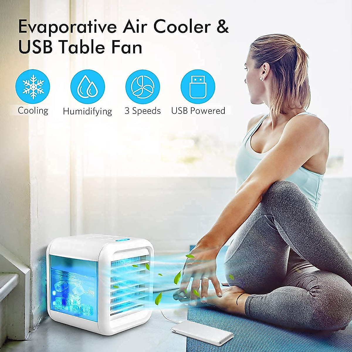 Portable Air Conditioner Fan, Personal Air Cooler with Icebox, USB Desk Fan with 3 Speeds, Evaporative Air Cooler for Home, Office & Outdoor Use, Air Humidifier, USB Charging, 7 Light Colors, Quiet