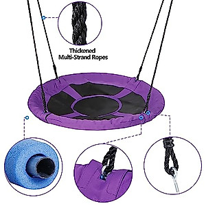 HomGarden Saucer Tree Swing Purple Set 40" Waterproof Round Outdoor Nest Spinner Web Tree Swing 800 lbs Weight Capacity Durable Steel Frame w/Adjustable Nylon Ropes Kids, Teens Adults