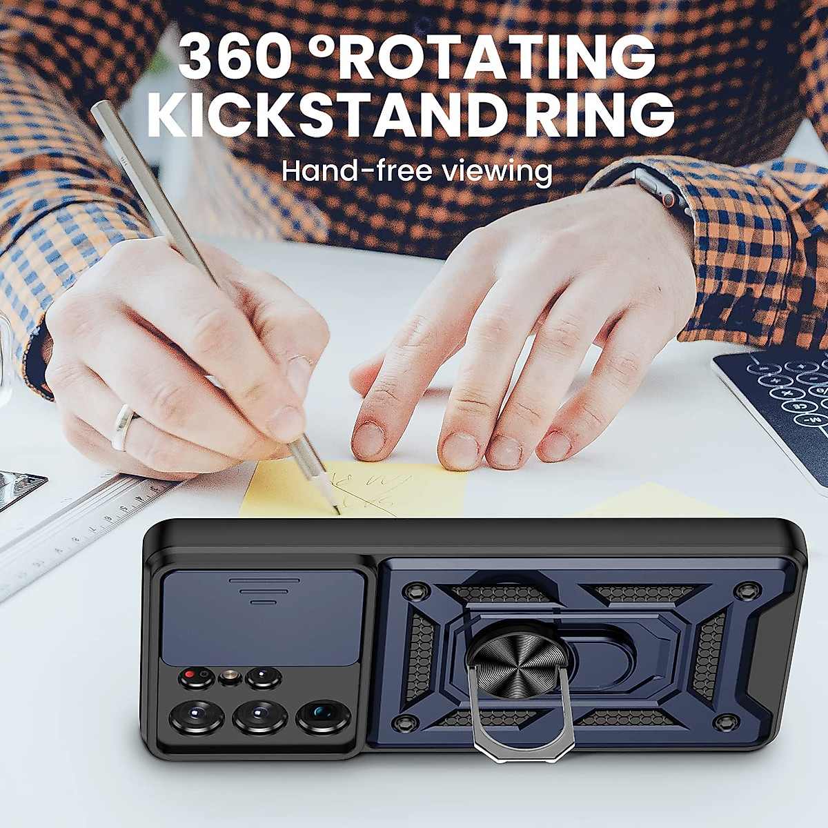 VEGO Compatible for Galaxy S21 Ultra Case with Slide Camera Cover & Kickstand, Built-in 360° Rotate Ring Stand Magnetic Cover Case for Samsung Galaxy S21 Ultra 5G 6.8 inch - Blue