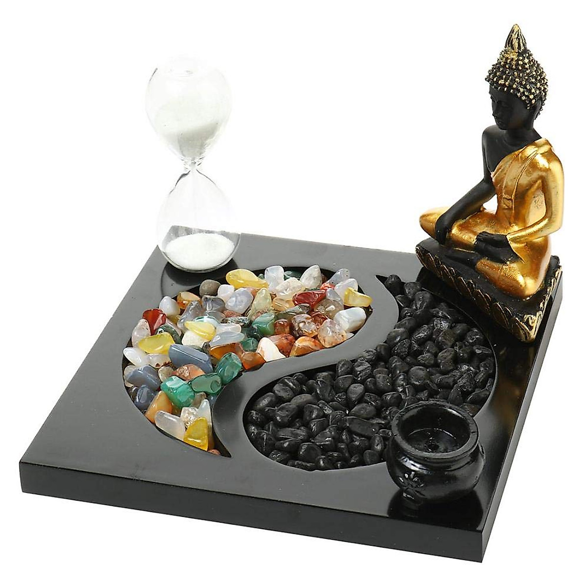 Tmore Sitting Buddha Candle Holders Zen Garden Tabletop Vintage Incense Holders White Sand and Natural Stone Rattan Incense Gift Set (with Hourglass)