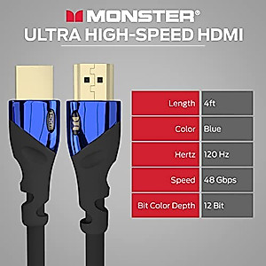 Monster 8K HDMI Cable Ultra High-Speed Cobalt 2.1 Cable - 48Gbps with eARC, 8K at 60Hz for Superior Video and Sound Quality – HDMI Cables for PS5, Apple TV, Roku, Smart TV, Xbox Series X and S – 4FT