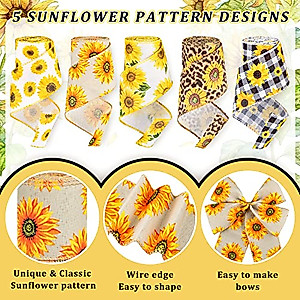Whaline Sunflower Wired Edge Ribbon 30 Yard Summer Flower Pattern Ribbon 5 Roll Spring Summer Fabric Decorative Craft Ribbon Roll for Gift Wrapping Decor Hair Bow Sewing Wreath Crafts