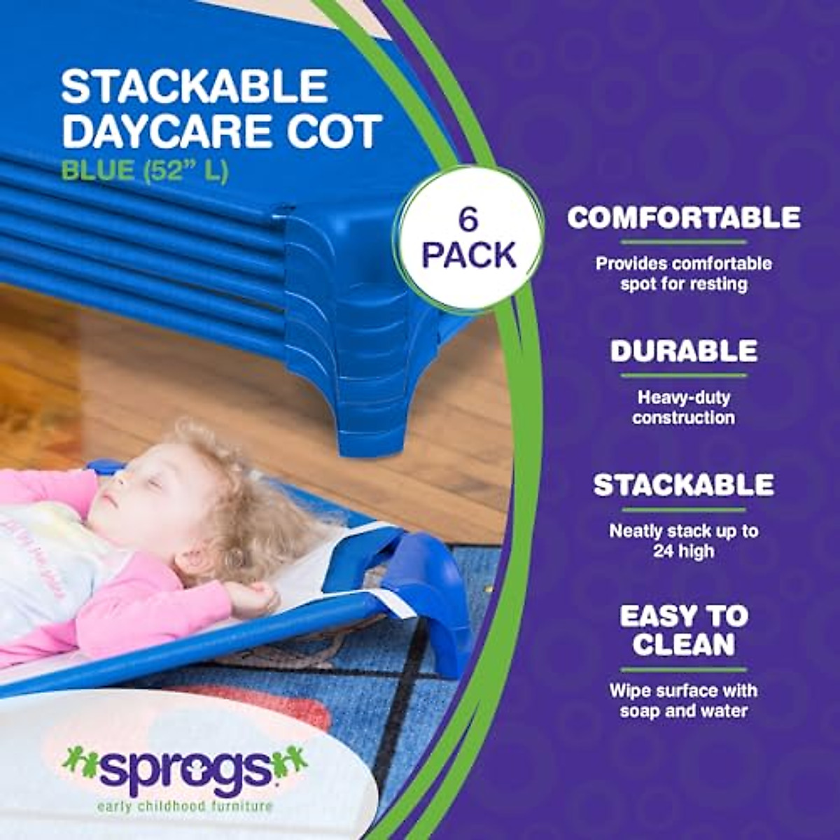 Sprogs Heavy-Duty Stackable Standard Size 52"L Daycare Cots for Kids and Toddlers, Stacking Preschool Classroom Kids Cots for Sleeping, Resting, Naptime, Pack of 6, Blue