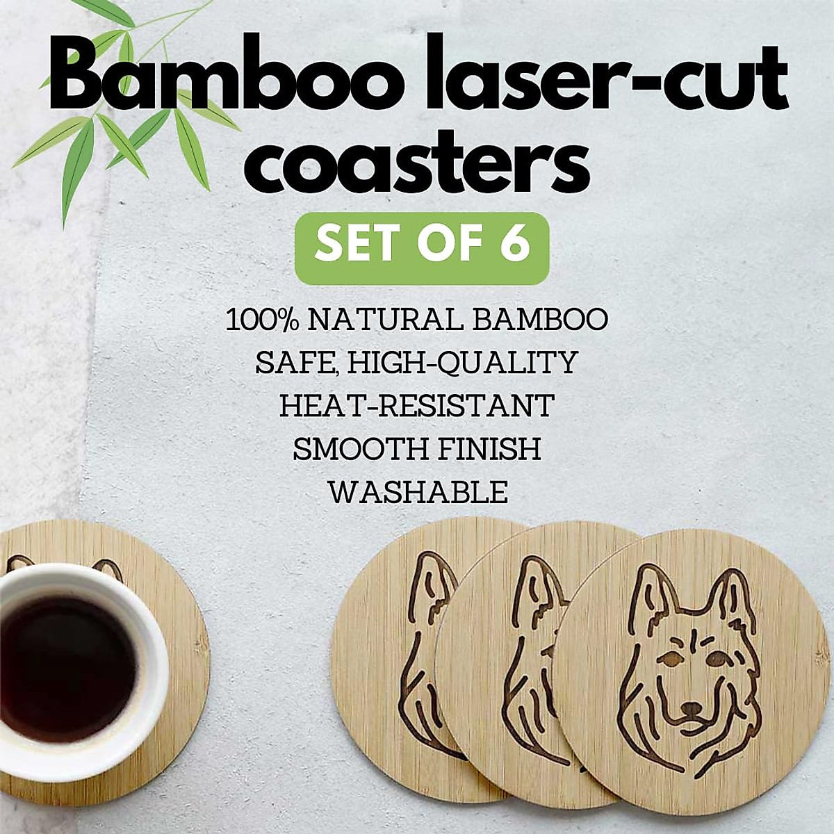 Set of 6 Bamboo Coasters with Holder - 3.9 Inch Fun Dog Coasters - Non-Stick Absorbent Engraved Laser-Cut - Durable, Washable (German Shepherd)