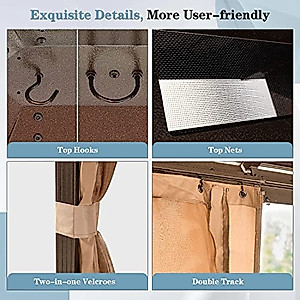 MELLCOM 12' x 14' Hardtop Gazebo, Brown Permanent Pavilion Gazebo with Curtains and Netting, Galvanized Steel Metal Double Roof Aluminum Gazebo with Aluminum Frame for Patio, Lawn & Garden