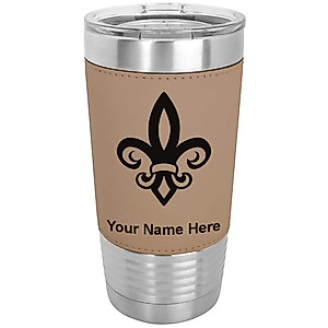 LaserGram 20oz Vacuum Insulated Tumbler Mug, Fleur de Lis, Personalized Engraving Included (Faux Leather, Light Brown)