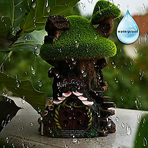 ASAWASA Fairy Houses for Gardens with Solar LED Light,Indoor Outdoor Décor Garden Lighting Figurines for Patio Lawn Yard(Flocked Mushroom House)