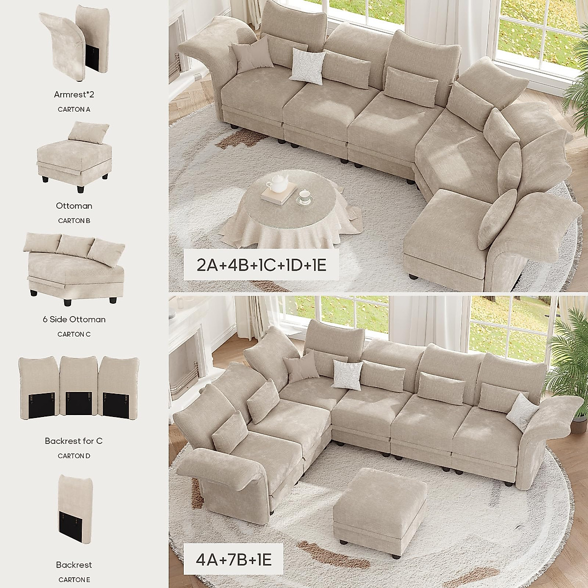 LLappuil 8 Seater Modular Sectional Sofa Deep Seat 114 Inch Large Chenille Sectional Couches for Living Room with Reversible Ottoman, Adjustable Armrest Backrest, Khaki