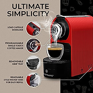 ChefWave Espresso Machine & Coffee Maker Compatible w/Nespresso Original Capsules (Red) - Programmable, One-Touch, Premium, Italian, 20 Bar High Pressure Pump with Pod Holder and Double-Wall Glasses