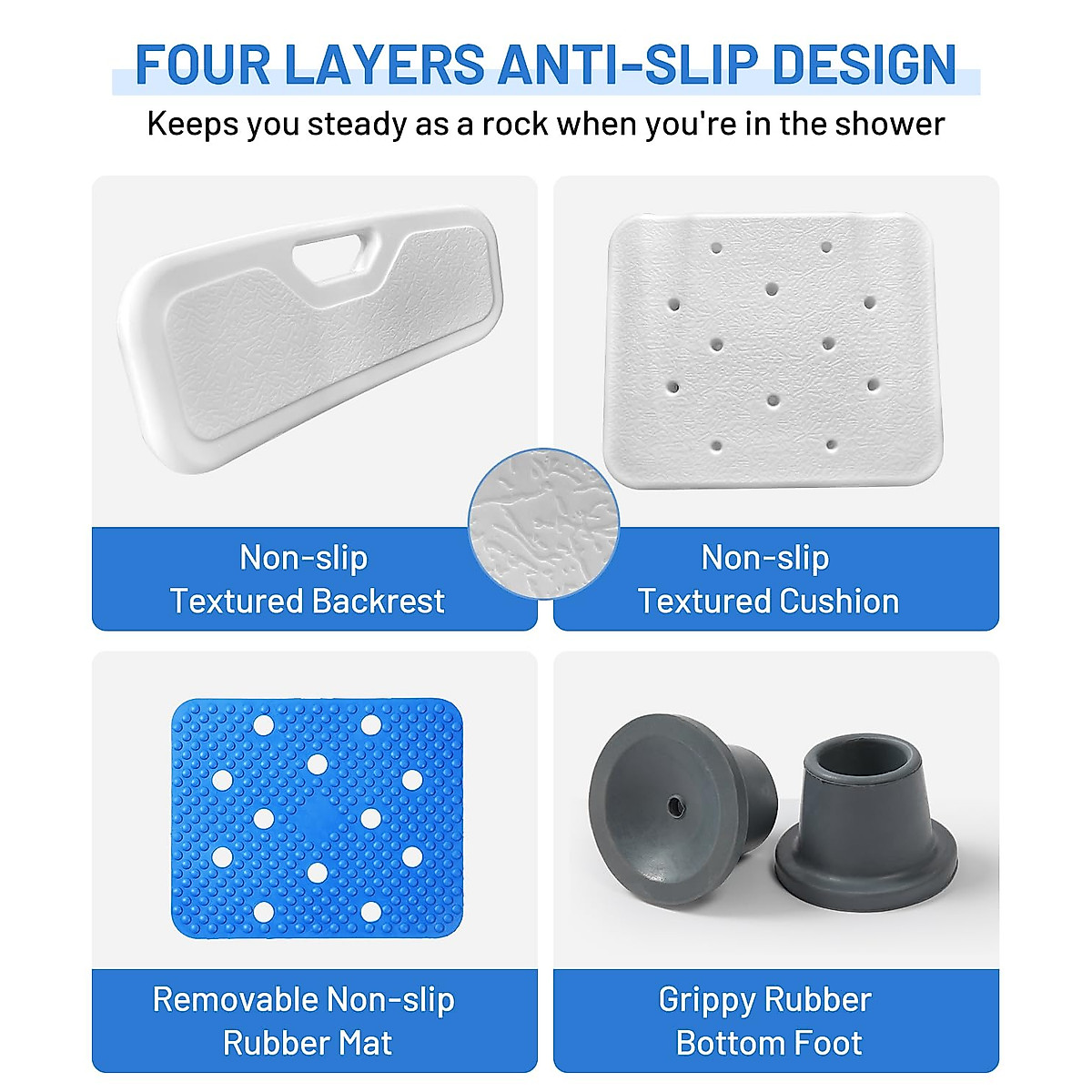 Tocebe Shower Chair for Inside Shower, 550LB Capacity Shower Seat with Reinforced Cross Bar, Adjustable Height Anti Slip Bath Chair with Backrest, Padded Armrests, Loofah Stick for Elderly & Disabled