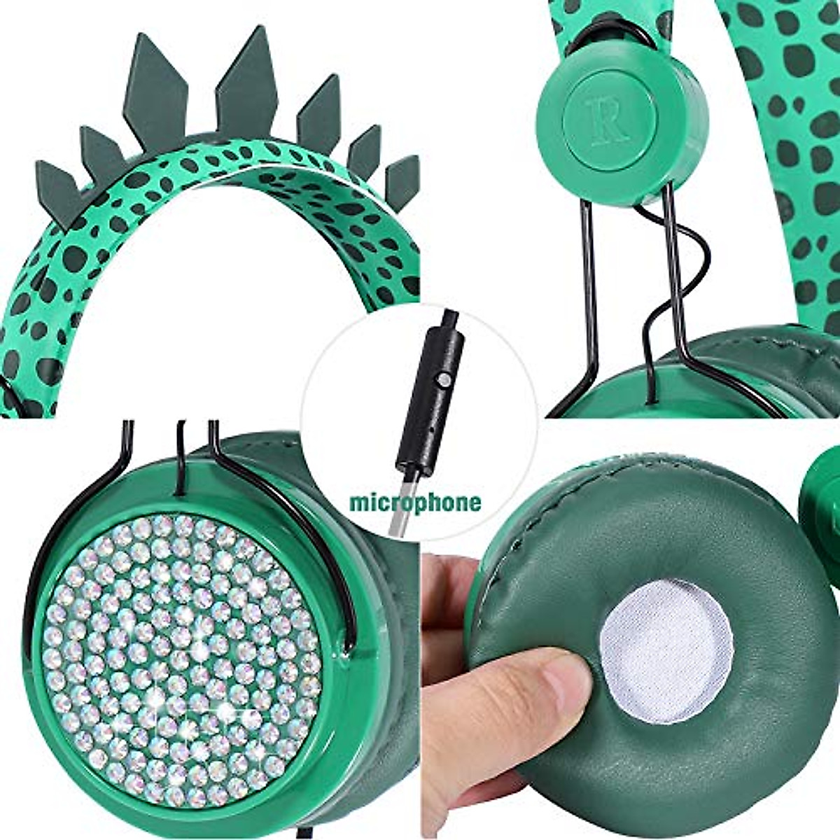Kids Headphones Boys, Wired Dinosaur Headphones w/Mic 3.5mm Jack & Adjustable Headband & Tangle-Free Cord, Over On Ear Headset for School Birthday Xmas, w/1pc Dinosaur Party Bag, Green