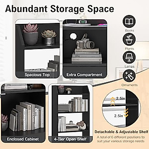 Aufvolr 6 Tier Bookshelf with Cabinet，Tall Night Stand with Charging Atation, Wood Book Shelf Storage Organizer, Modern Display Standing Shelf Unit for Bedroom, Living Room, Office (Black)