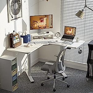 FEZIBO Corner Standing Desk, 48 Inches L Shaped Standing Desk, Electric Stand Up Corner Desk, Home Office Sit Stand Desk with White Top and White Frame