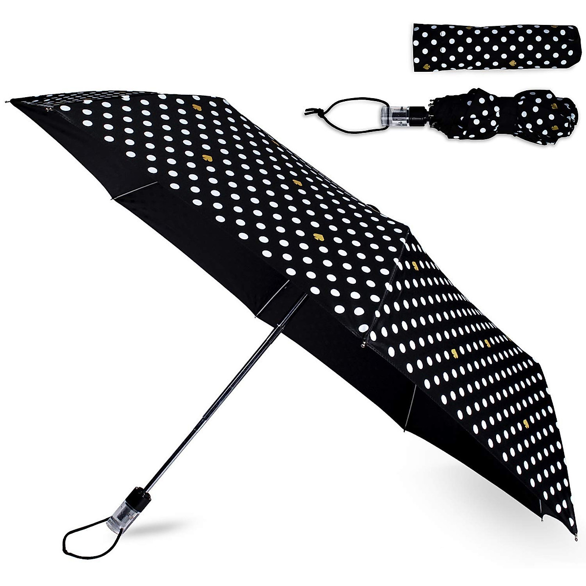 Kate Spade New York Black/White Travel Umbrella, Lightweight Compact Umbrella with Storage Sleeve, Polka Dots