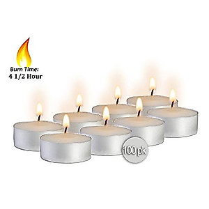 Tea Light Candles - 100 Bulk Pack - White Unscented Travel, Centerpiece, Decorative Candle - 4.5 Hour Burn Time - Pressed Wax - by Ner Mitzvah