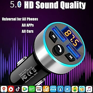Car FM Transmitter, Bluetooth 5.0 Car Radio Audio Adapter MP3 Player, Car Bluetooth Radio Adapter with Dual USB Charger for Phone，and Tablets