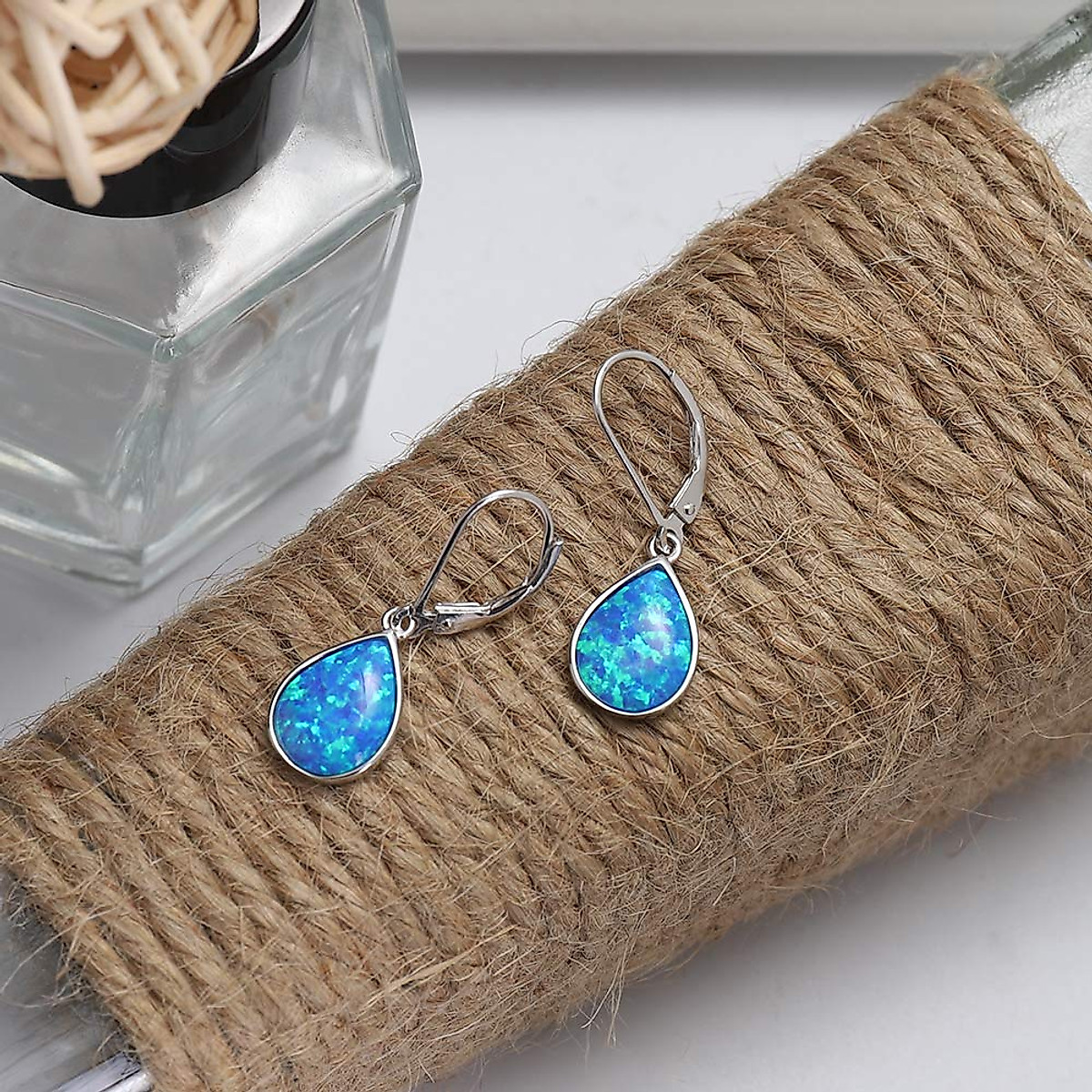 Dangle Earrings for Women Opal: 925 Sterling Silver Leverback Earrings Opal Teardrop Created Drop Opal Earrings for Women October Birthstone Opal Jewelry Christmas Birthday Jewelry Gifts for Wife Grandma Girlfriend