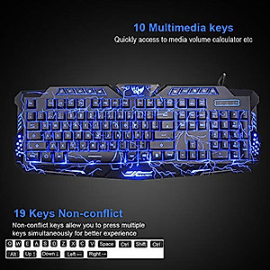 BlueFinger Backlit Gaming Keyboard and Mouse and LED Headset Combo,USB Wired 3 Color Crack Backlit Keyboard,Blue LED Light Gaming Headset,Gaming Keyboard Mouse Headphone Set for Work and Game