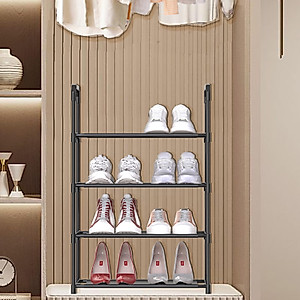 scopbinsa 4-Tier Small Shoe Rack, Stackable Nonwoven Shoe Storage Organizer Metal Shoe Shelf with Handle for Entryway, Hallway, cabinet and Closet (4 black-with Handle)