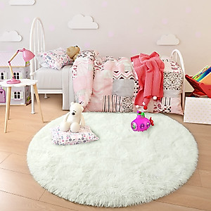 junovo Round Rug 4x4 Feet Fluffy Soft Area Rugs for Kids Girls Room Princess Castle Plush Shaggy Carpet Cute Circle Nursery Rug for Kids Girls Bedroom Baby Room Home Decor Circular Carpet, Creamy