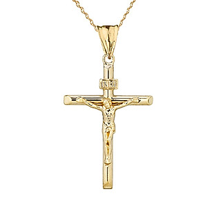 14K Yellow Gold 1-1/8" Christian Catholic Jesus Christ on INRI Cross Crucifix Pendant Necklace - 20"