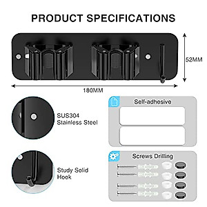 Mop Broom Holder Wall Mounted SUS304 Stainless Steel, HOMEASY Mop Broom Organizer with 2 Installation Methods (No Drilling & Screw Drilling Installation 2 In 1), Mop Hanger Heavy Duty with Hooks, 2PCS