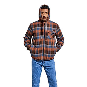 Elesuit Men's Fleece Jackets for Men Sherp Plaid Flannel Sweatshirt for Men Zip Hooides Orange Medium
