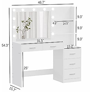 Rovaurx 46.7" Makeup Vanity Table with Lighted Mirror, Large Vanity Desk with Storage Shelf & 5 Drawers, Bedroom Dressing Table, 11 LED Lights, White RSZT106W