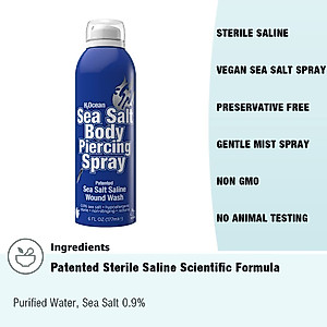 H2Ocean Sea Salt Body Piercing Spray - Saline Piercing Spray for Piercings & Body Modifications - Drug-, Preservative- & GMO-Free Vegan Piercing Aftercare - 6 oz