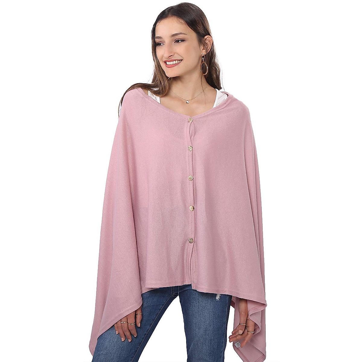 MissShorthair Women's Lightweight Knitted Scarf Poncho Sweater Cape Shawl Versatile Spring Summer Ponchos Wraps Pink
