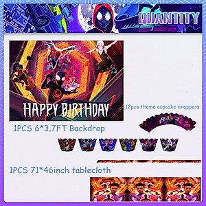 Spider Miles Party Supplies,Sparkling Cake Topper Birthday Cupcake Decoration Banner Backdrop Tablecloth Balloons Wrappers
