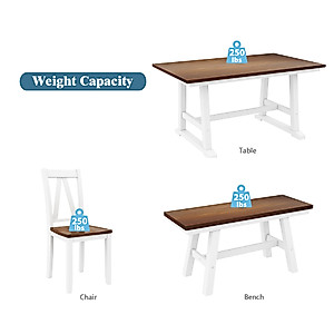 GLORHOME 6-Piece Farmhouse Style Wood Kitchen Table Set with Long Bench and 4 Dining Chairs,Walnut+White