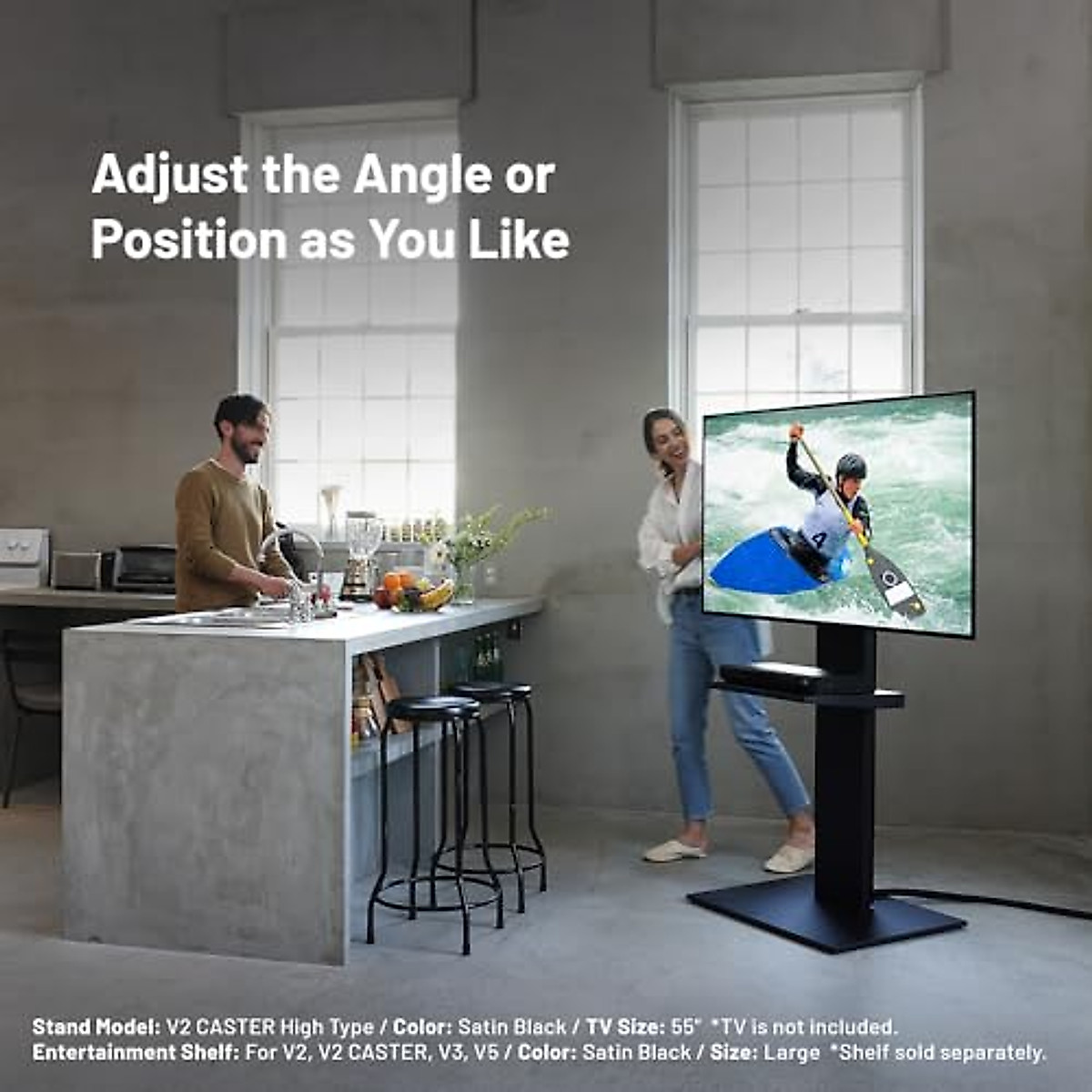 WALL V2 Caster High Type, Japanese Rolling Portable Free-Standing 32-60 Inch Universal TV Stand with Concealed Wheels - Satin Black