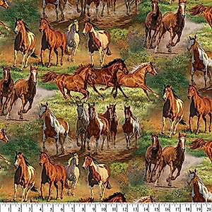 Horses in The Meadow Digital Cotton Print Fabric by The Yard