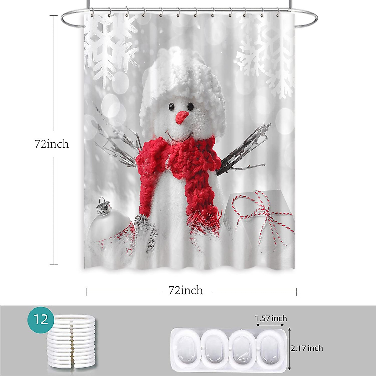 loyapobo Christmas Shower Curtain Snowman Snowflake Silver Red Christmas Bathroom Decor Winter Holiday Xmas Fabric Shower Curtains Set with Hooks, 72" x 72"