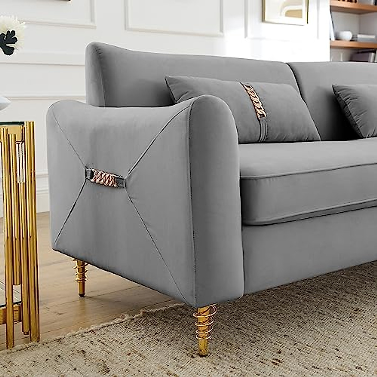 Goohome Tufted Couch, Chesterfield Velvet Upholstered 3-Seater Comfy Sofa, Living Room Furniture Sets, with Solid Wood Frame and Gold Legs, Fit for Bedroom, Office, A-Gray a