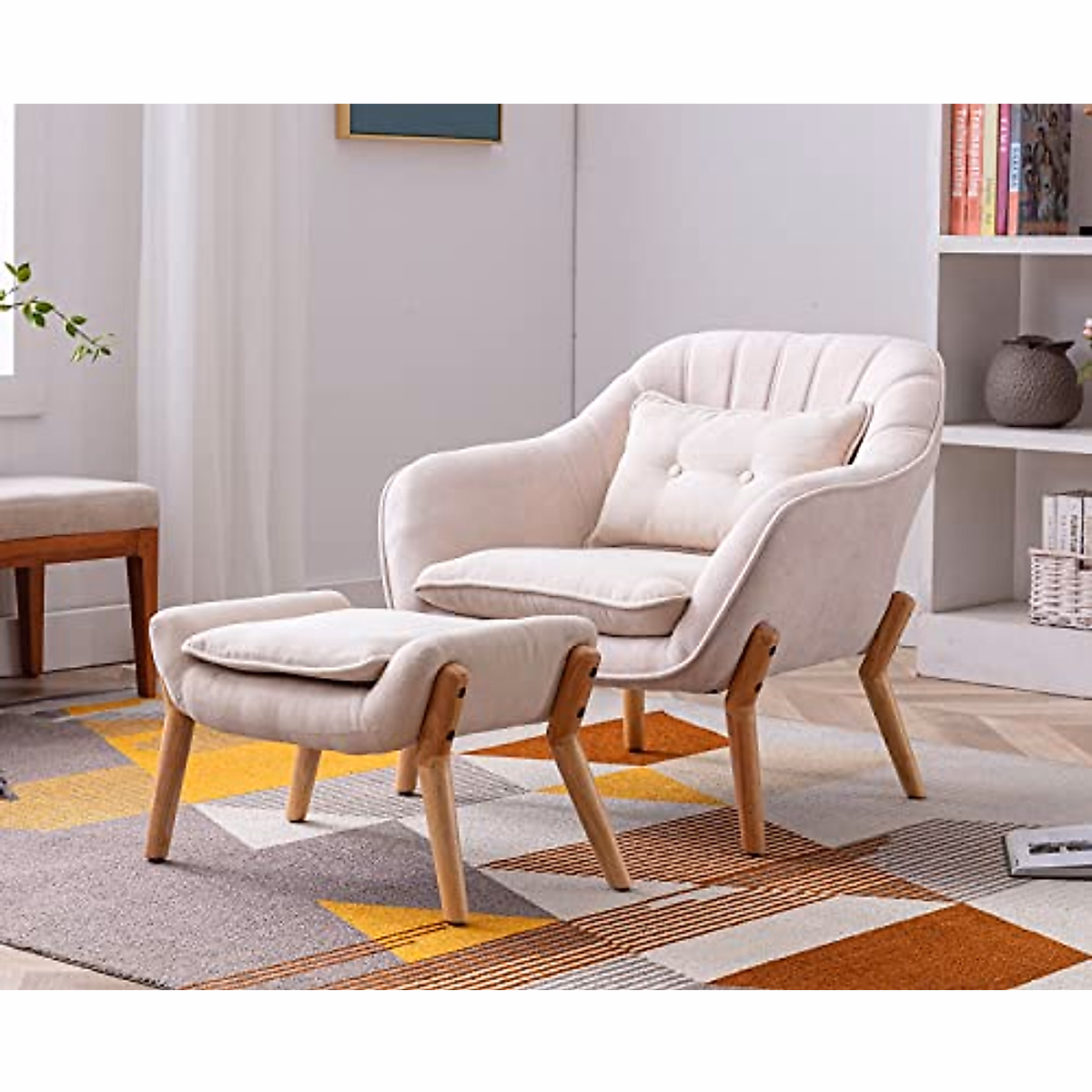 Lei Yu Shunzhi Wood Armchair with Ottoman Mid Century Modern Upholstered Barrel Chair Tufted Living Room Comfy Reading Lumbar Pillow Cushion Leisure Sofa Corner for Small Place, Beige